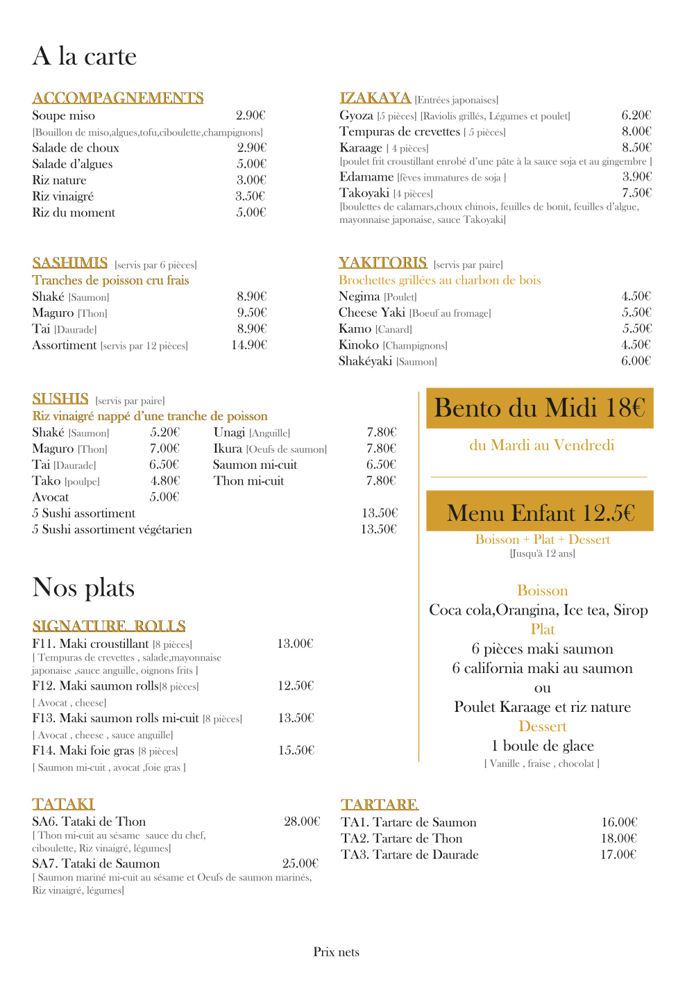 Menus sur place - Chez Osakaya